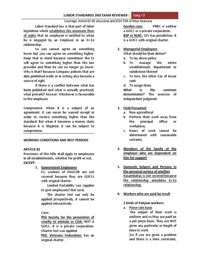 Labor Standards Exam Review Guide | PDF | Overtime | Independent Contractor