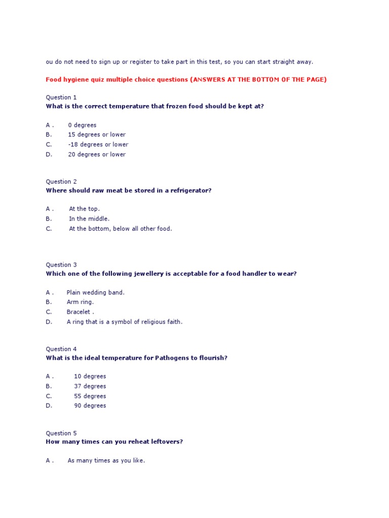 Food Hygeine Mcq | Foodborne Illness | Multiple Choice
