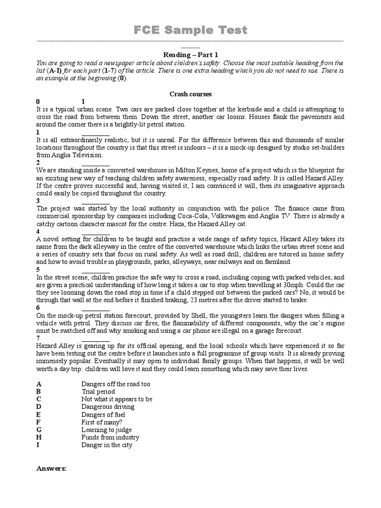 FCE Sample Test: Reading - Part 1 | PDF