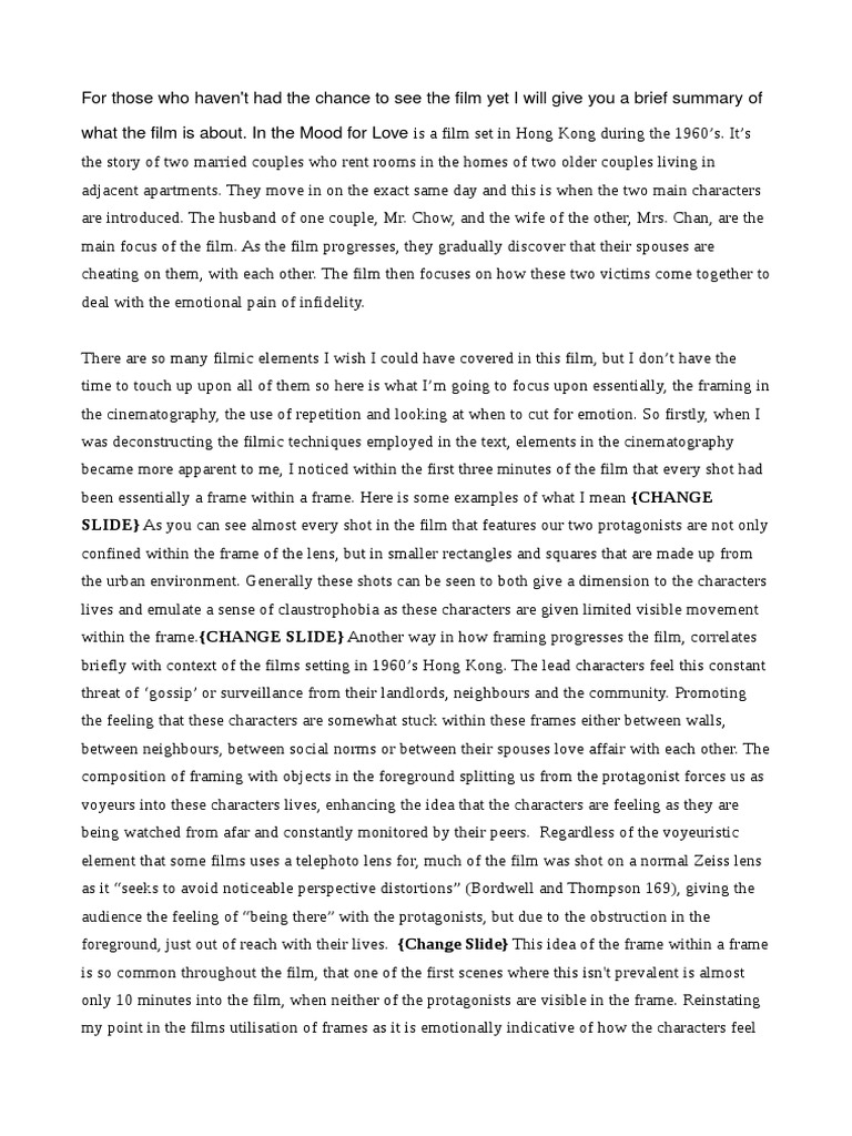 Cinematic Techniques in In the Mood for Love | PDF | Emotions | Leisure