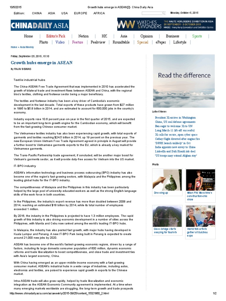 Growth Hubs Emerge in ASEAN (2) - China Daily Asia | PDF | Association ...