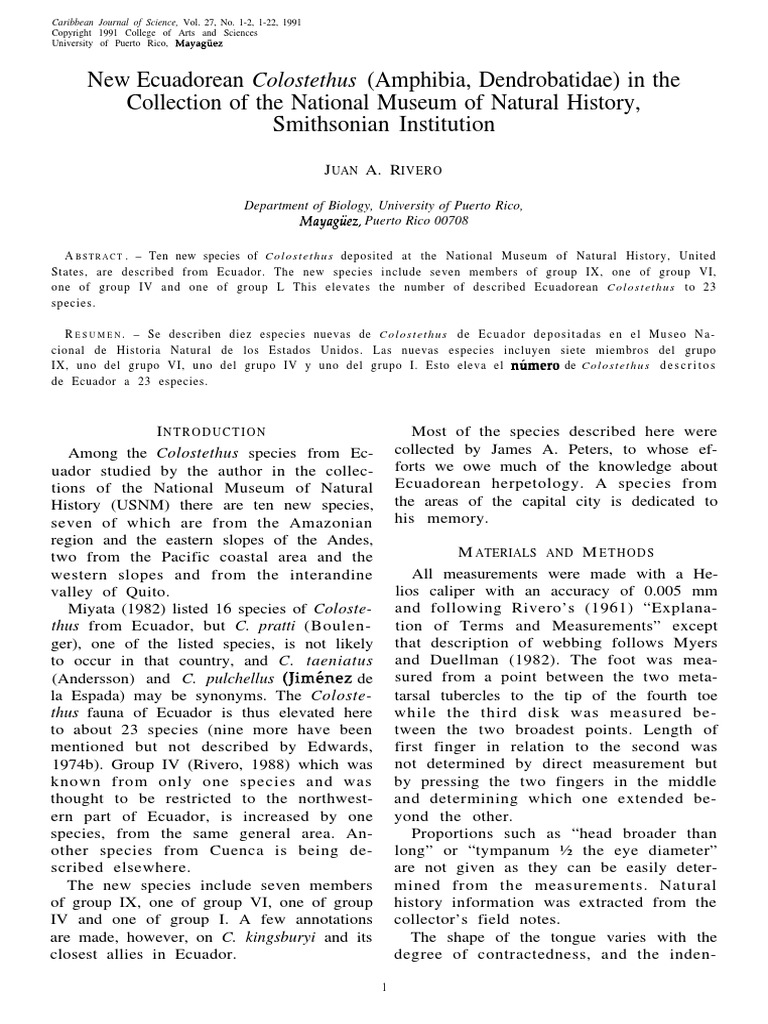 Rivero 1991. New Ecuadorean Colostethus (Amphibia, Dendrobatidae) in ...