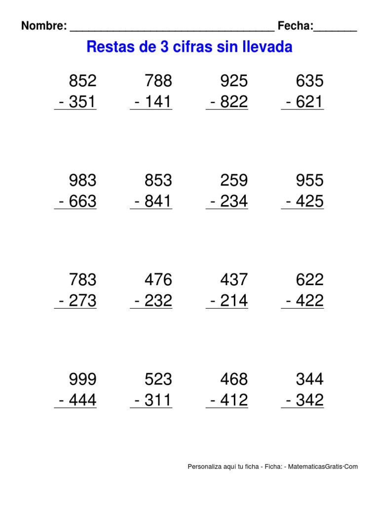Restas 3 Cifras Sin Llevar PDF | PDF