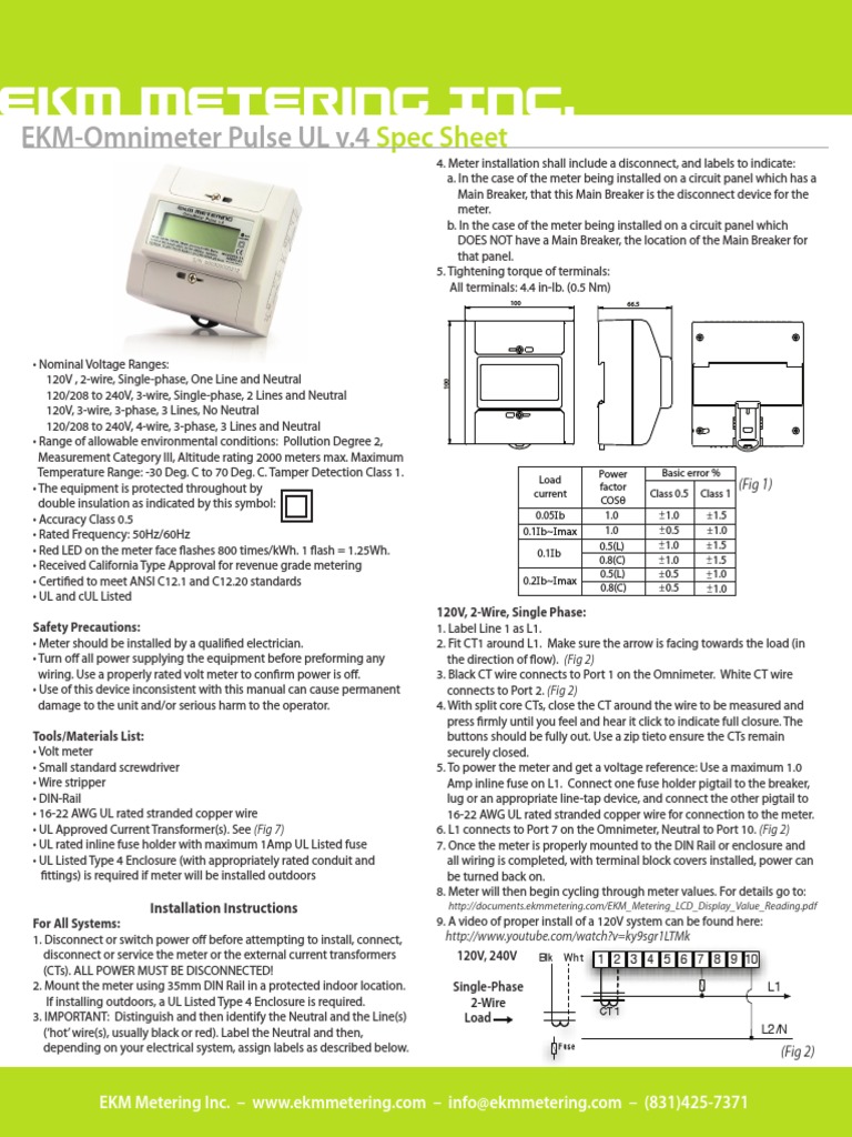 EKM Omnimeter Pulse UL v4 Spec Sheet | PDF | Mains Electricity | Relay