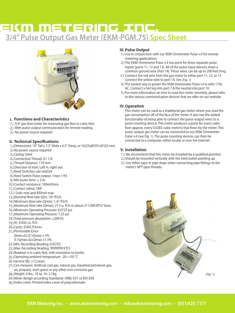 EKM PMG.75 Gas Meter Spec Sheet | PDF | Switch | Gases