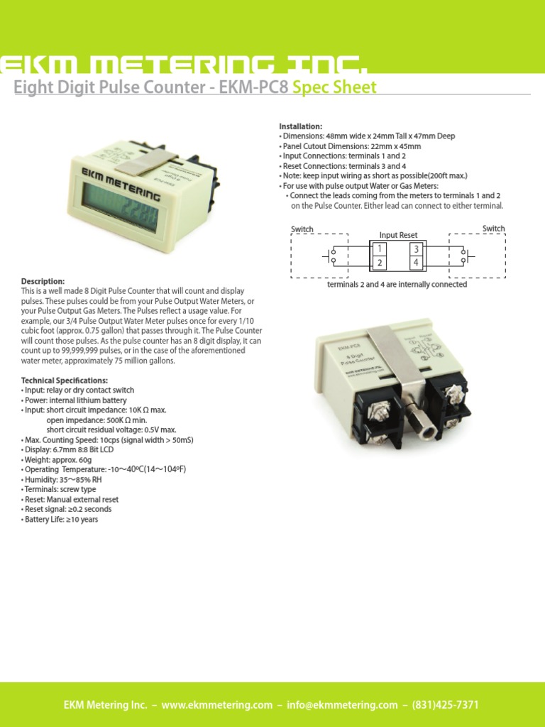 eKM Metering Inc.: Eight Digit Pulse Counter - EKM-PC8 | PDF