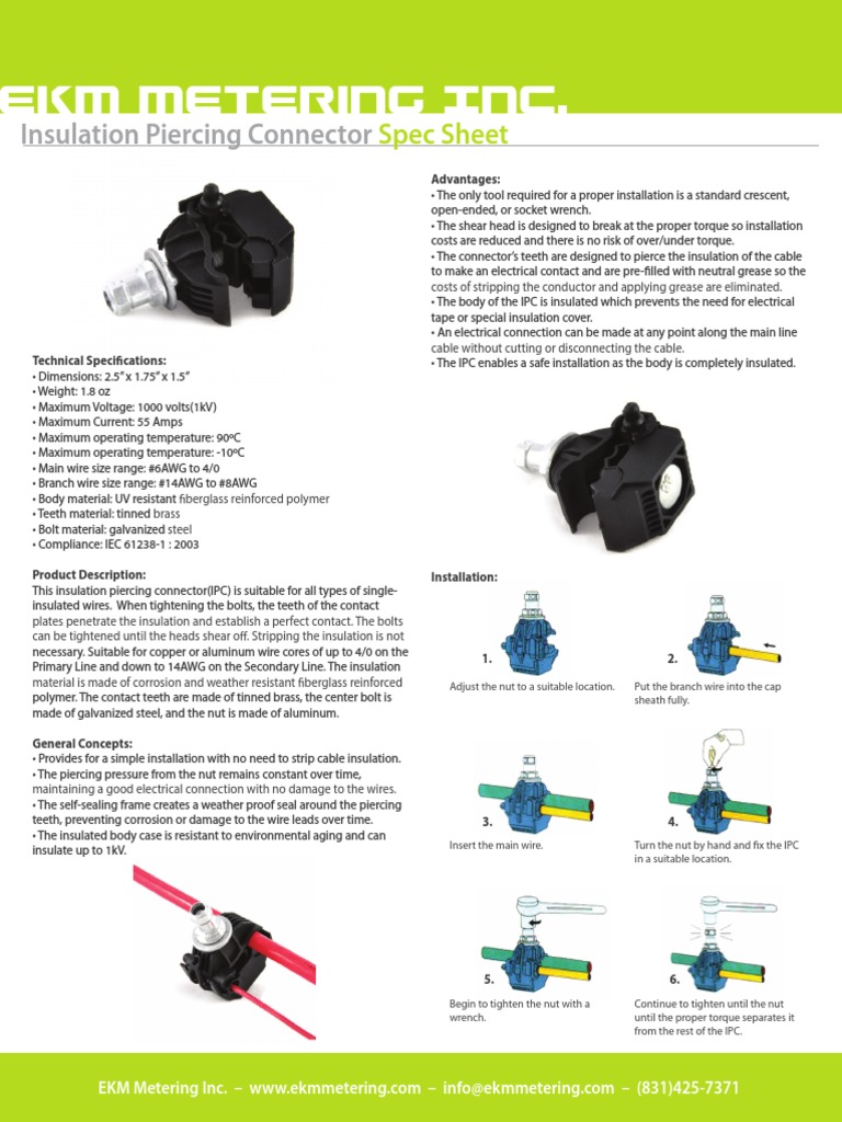 EKM Insulation Piercing Connector Spec Sheet | PDF | Insulator (Electricity) | Wire