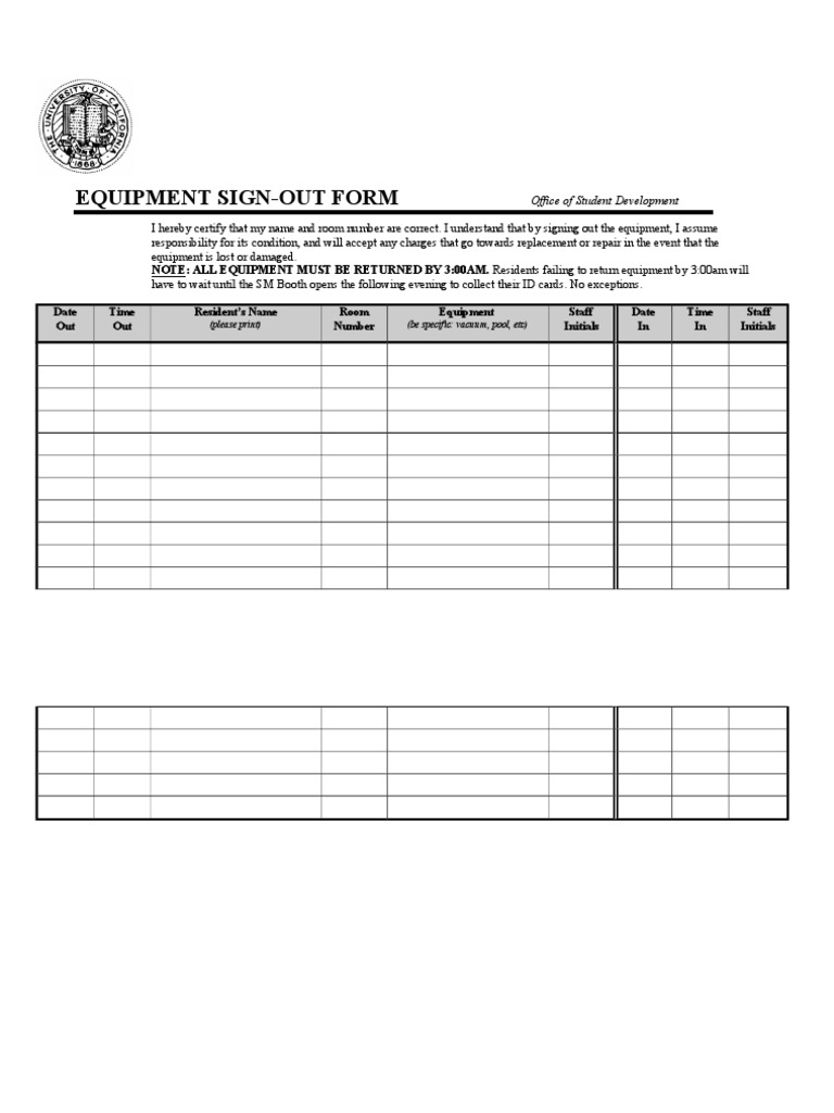 Equipment Sign-Out Form: Office of Student Development | PDF