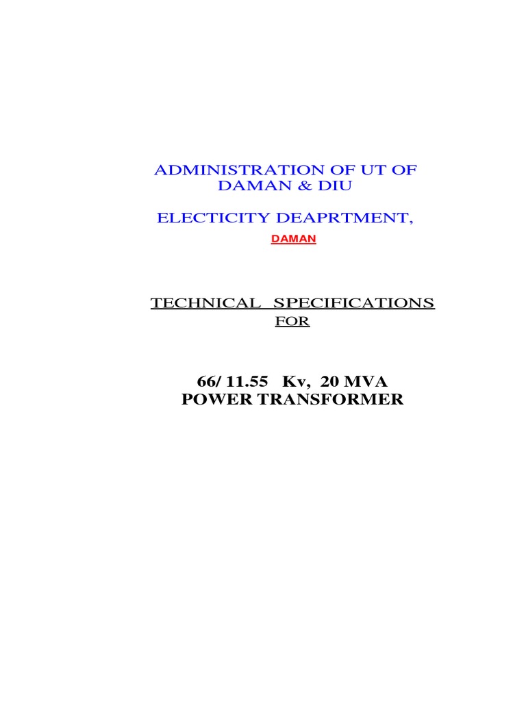 20 MVA Power Transformer Specifications | PDF | Transformer ...