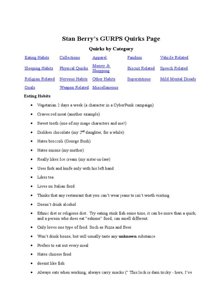 GURPS - Over 500 Exemples of Quirks | PDF | Fan (Person) | Clothing