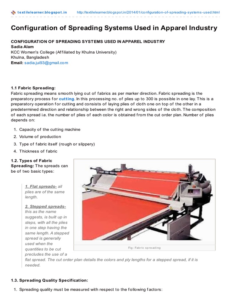 Configuration of Spreading Systems Used in Apparel Industry: A ...