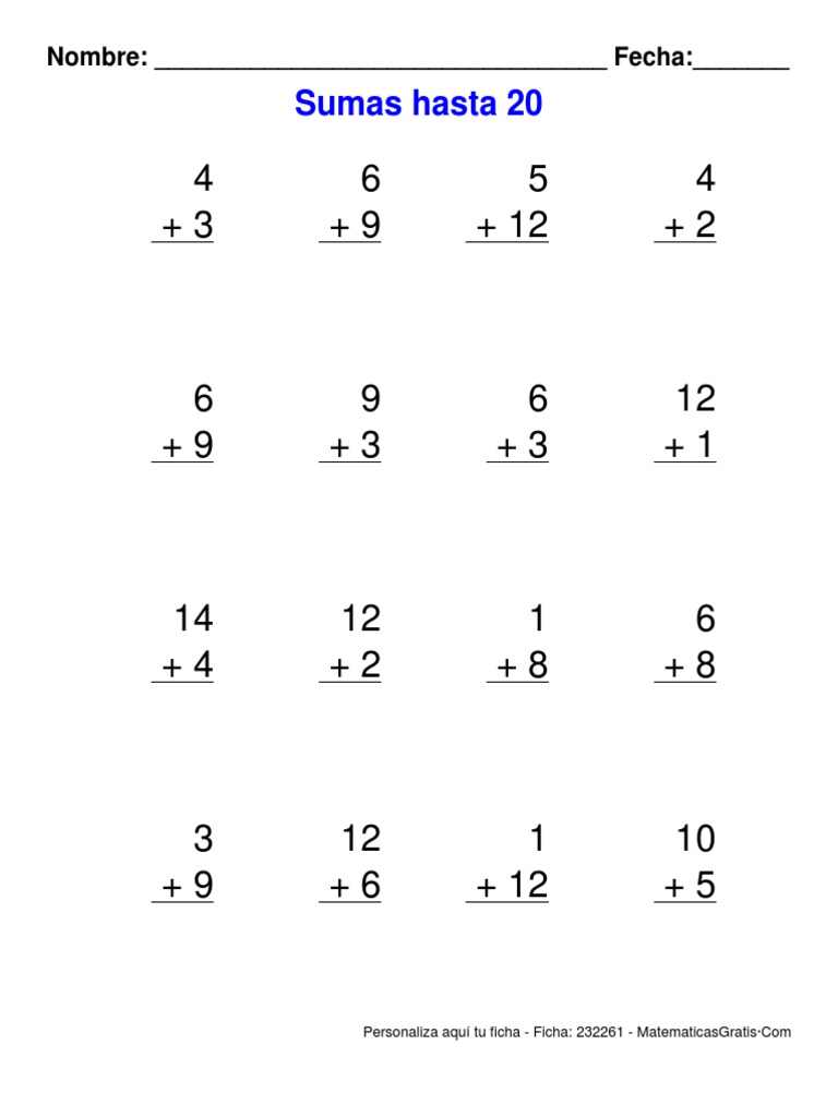 Sumas hasta 20: Nombre: _________________________________ Fecha:_______