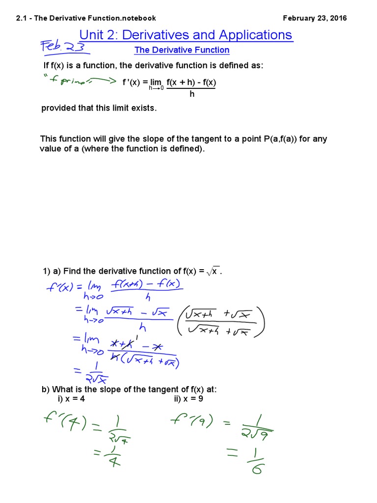Unit 2: Derivatives and Applications: The Derivative Function | PDF