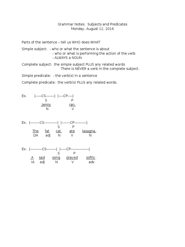 Grammar Notes 2 Subjects and Predicates | PDF | Language Arts & Discipline