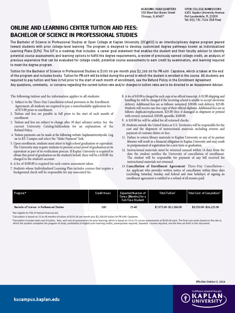 Online and Learning Center Tuition and Fees: Bachelor of Science in ...