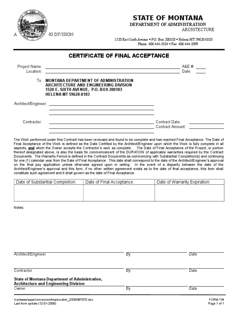 Form118 Certificate of Final Acceptance