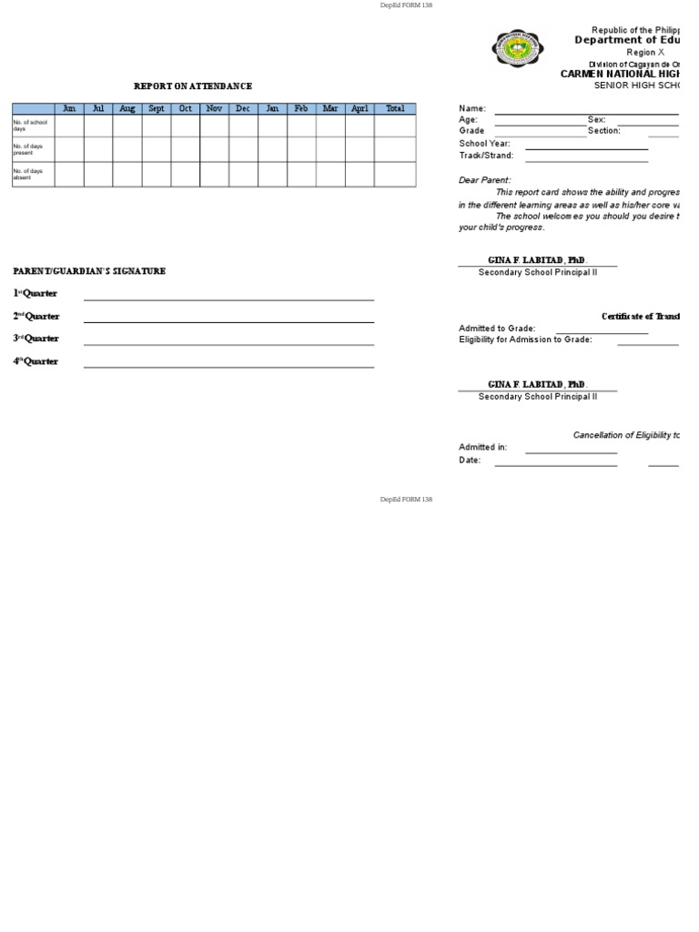 Cnhs Shs Form 138 | Value (Ethics) | Behavior Modification | Free 30 ...