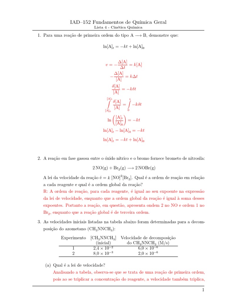 Lista De Exercícios Resolvidos Cinética Química Pdf Cinética