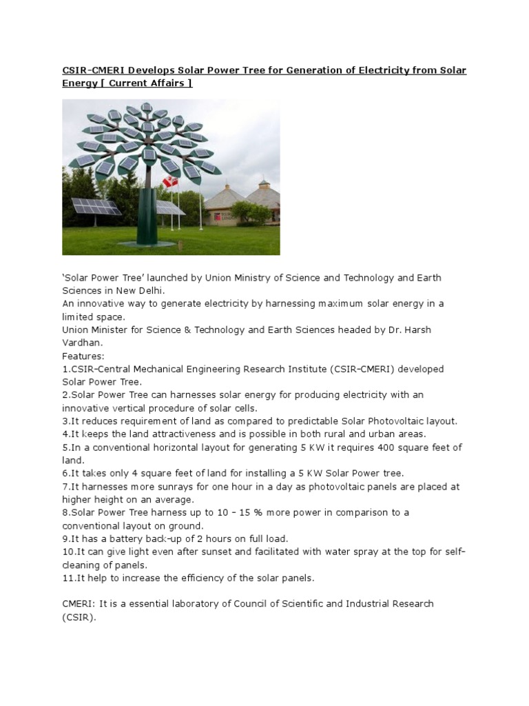 CSIR-CMERI Develops Solar Power Tree For Generation of Electricity From ...