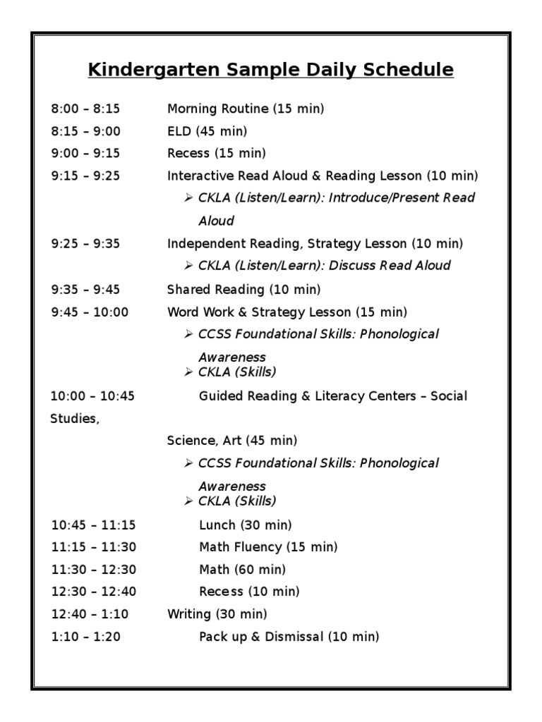 Kindergarten Sample Daily Schedule: CKLA (Listen/Learn) : Introduce ...
