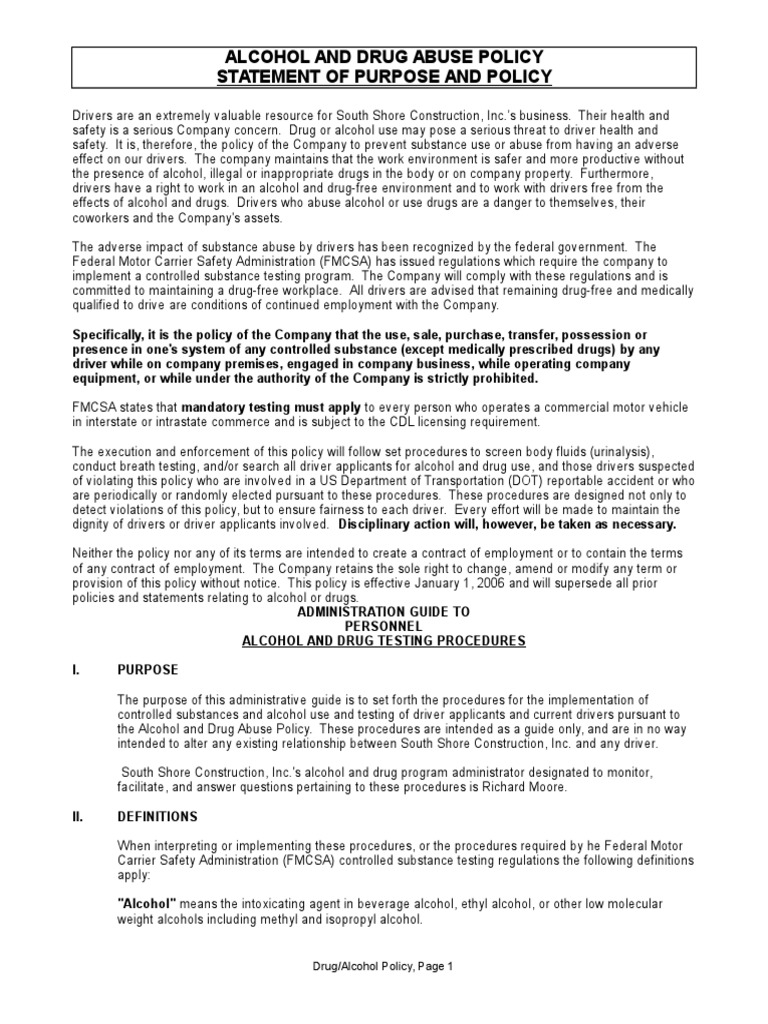 Alcohol & Drug Abuse Policy | Download Free PDF | Drug Test | Substance ...
