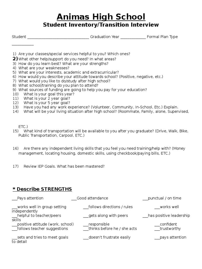 Animas High School: Student Inventory/Transition Interview | PDF