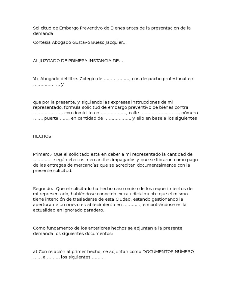 Solicitud de Embargo Preventivo de Bienes Antes de La Presentacion de ...