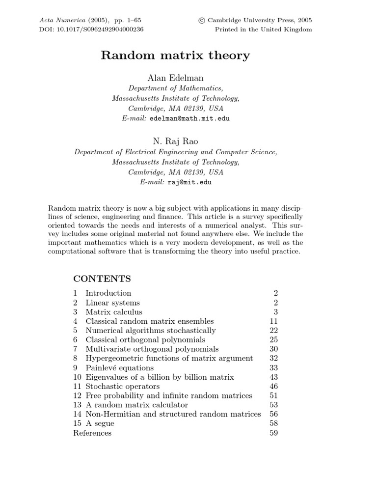 Random Matrix Theory | PDF | Matrix (Mathematics) | Eigenvalues And Eigenvectors