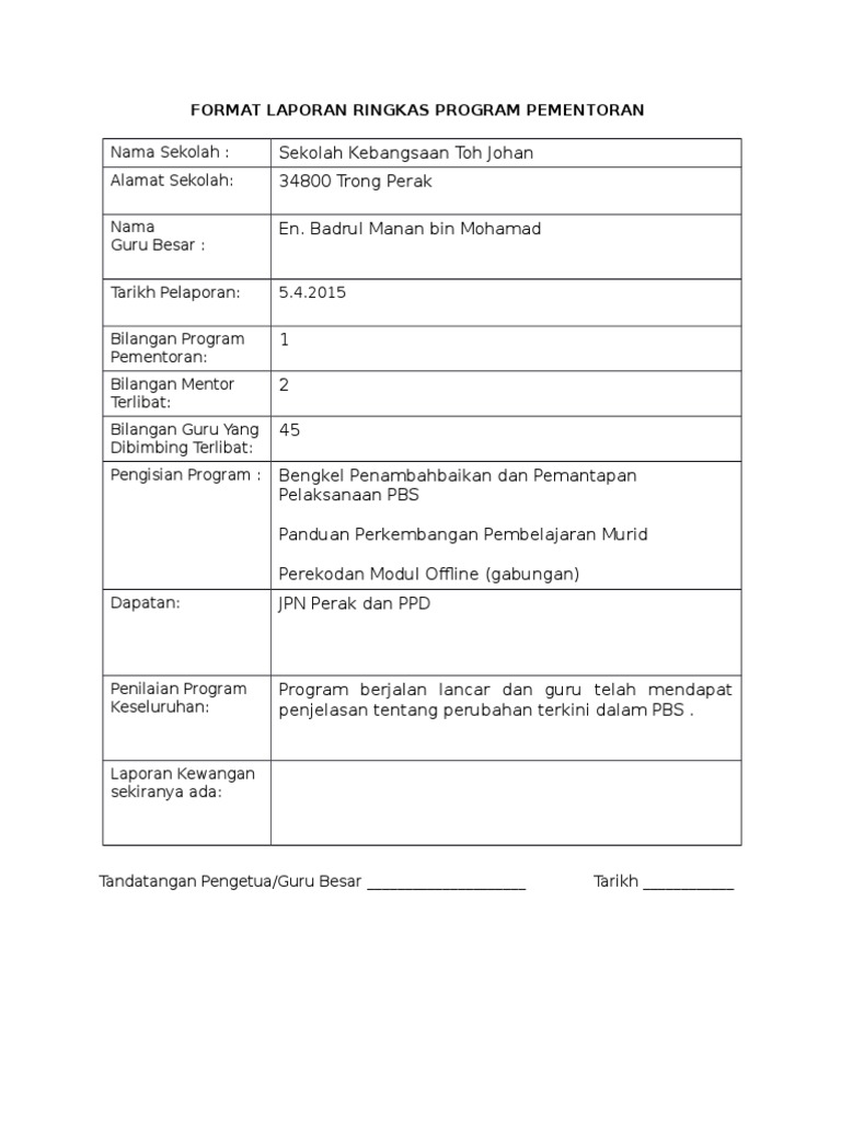 Contoh Laporan Berkala Program Pementoran - Nicholas Walsh