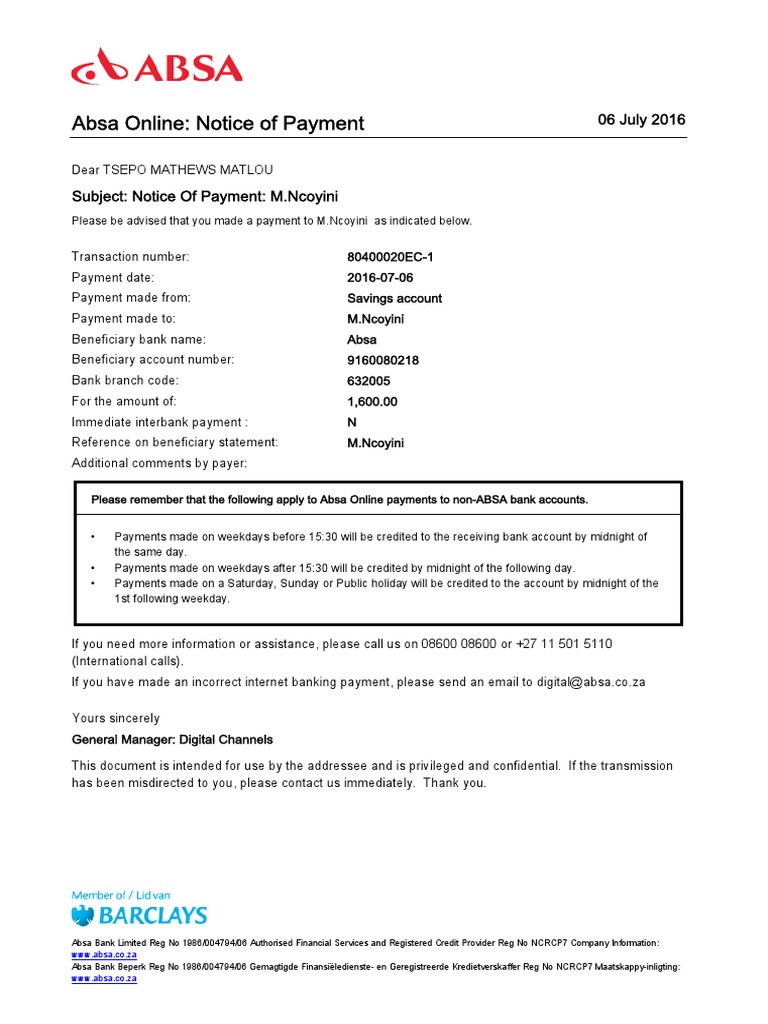 Absa Online: Notice of Payment: 06 July 2016 | PDF
