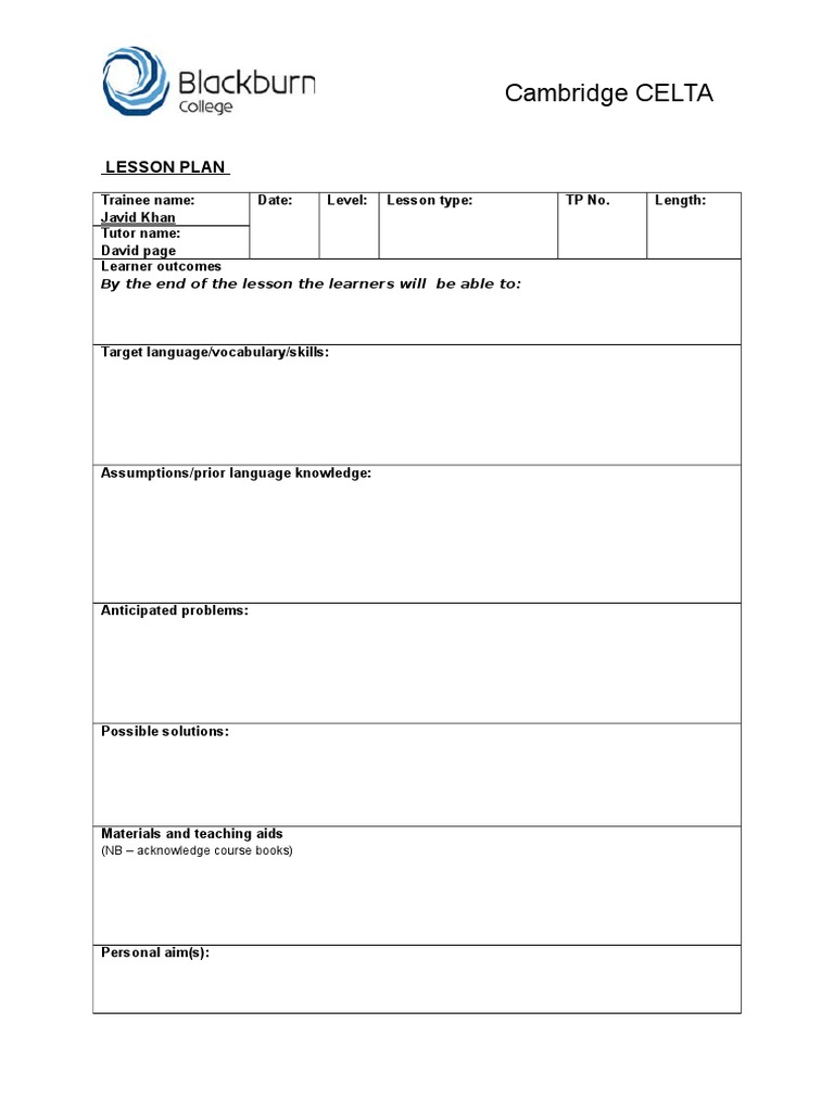 Lesson Plan Blank For CELTA | PDF