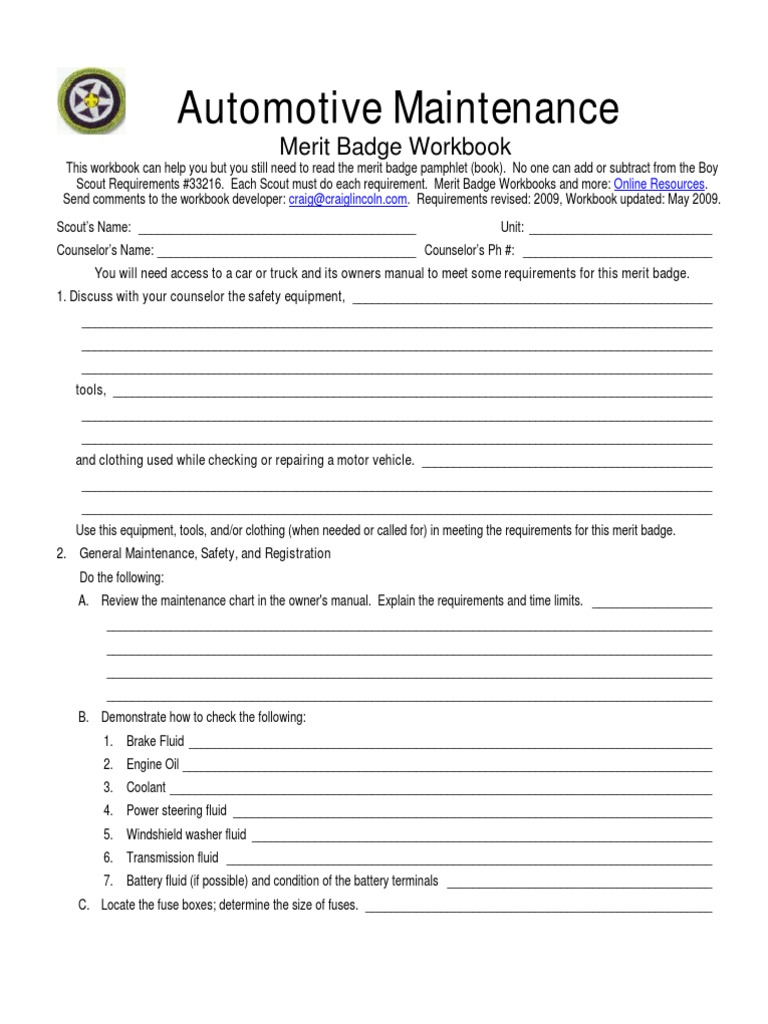 Automotive-Maintenance Merit Badge Worksheet | PDF | Internal ...