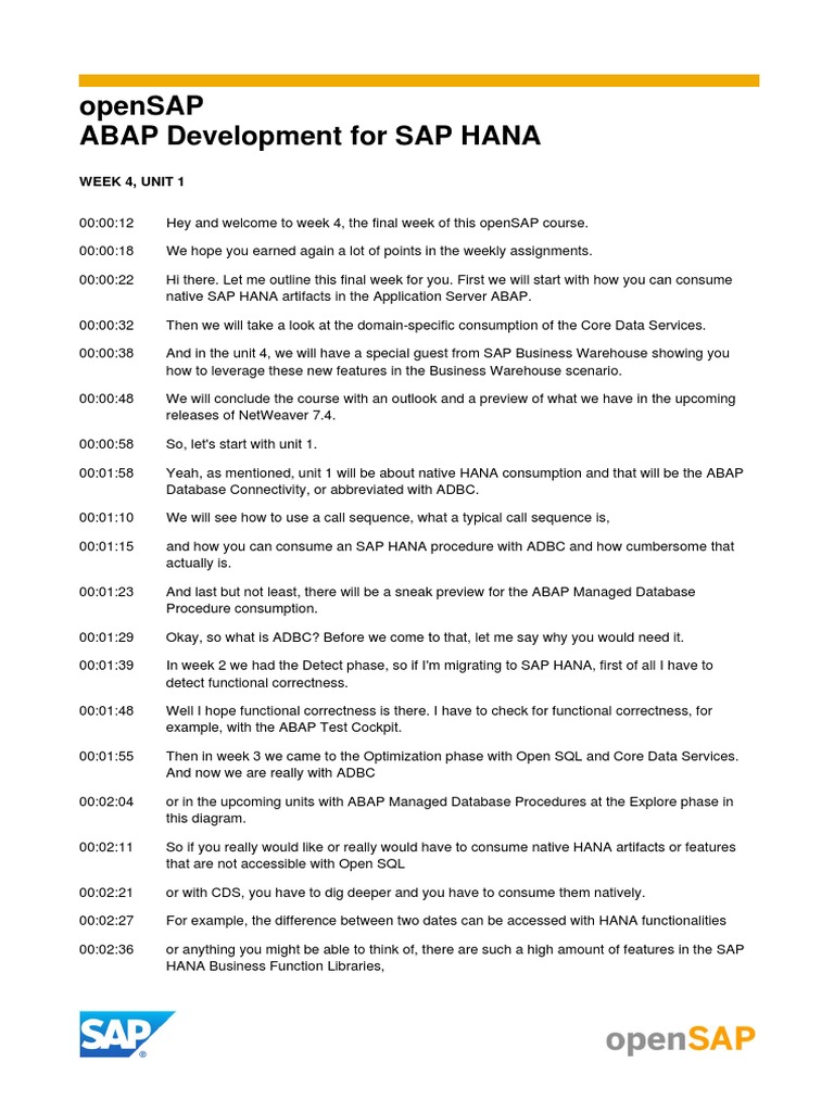 OpenSAP A4h1 Week 04 Transcripts | PDF | Sql | Databases
