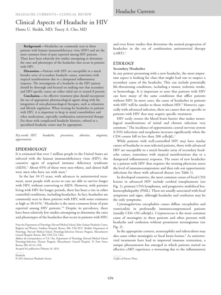 Clinical Aspects of Headache in HIV | PDF | Headache | Hiv/Aids