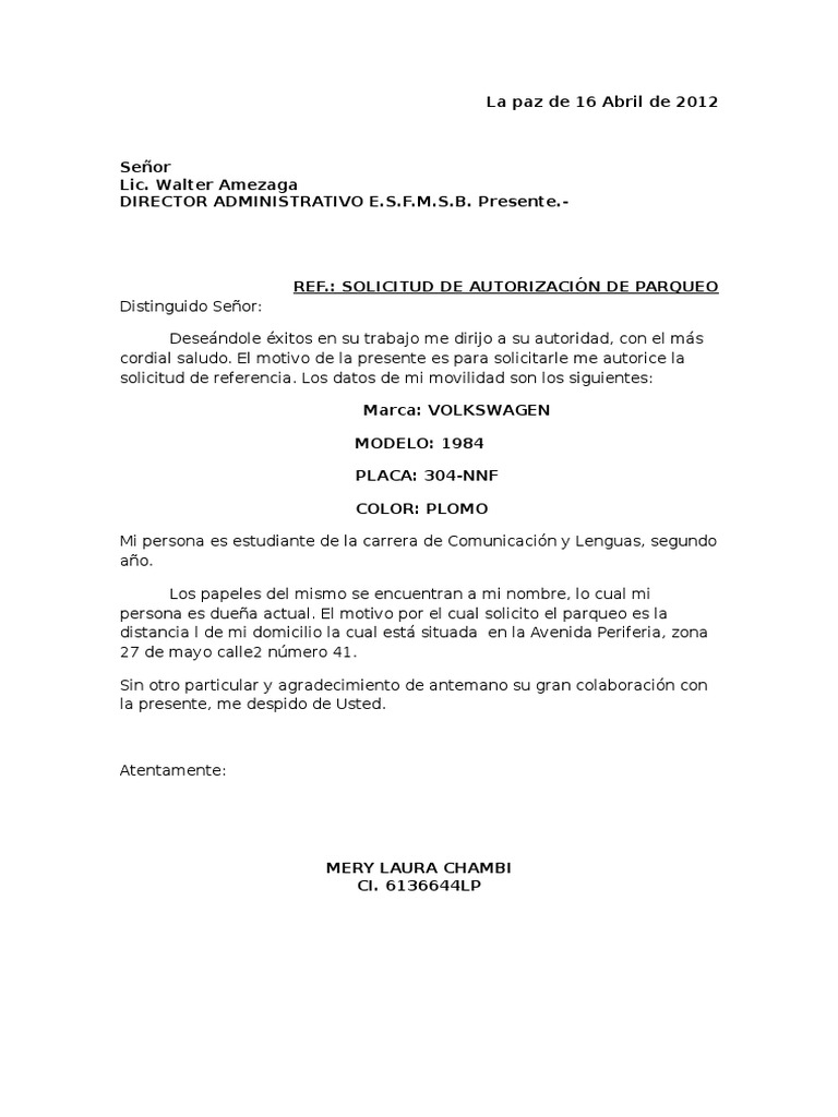 Solicitud de Autorización de Parqueo | PDF