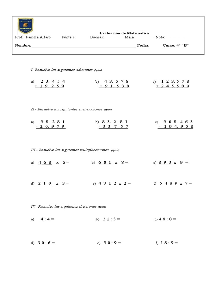 Ejercicios de Matemáticas para 4° Básico | PDF