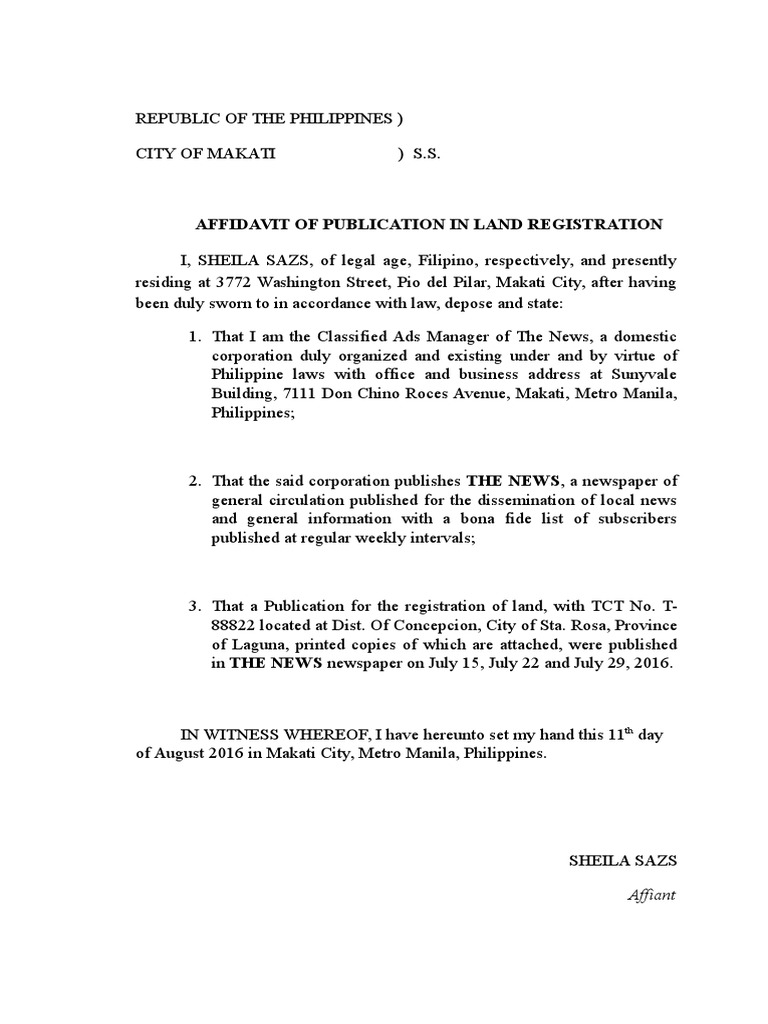 Affidavit of Publication for Land Title | PDF