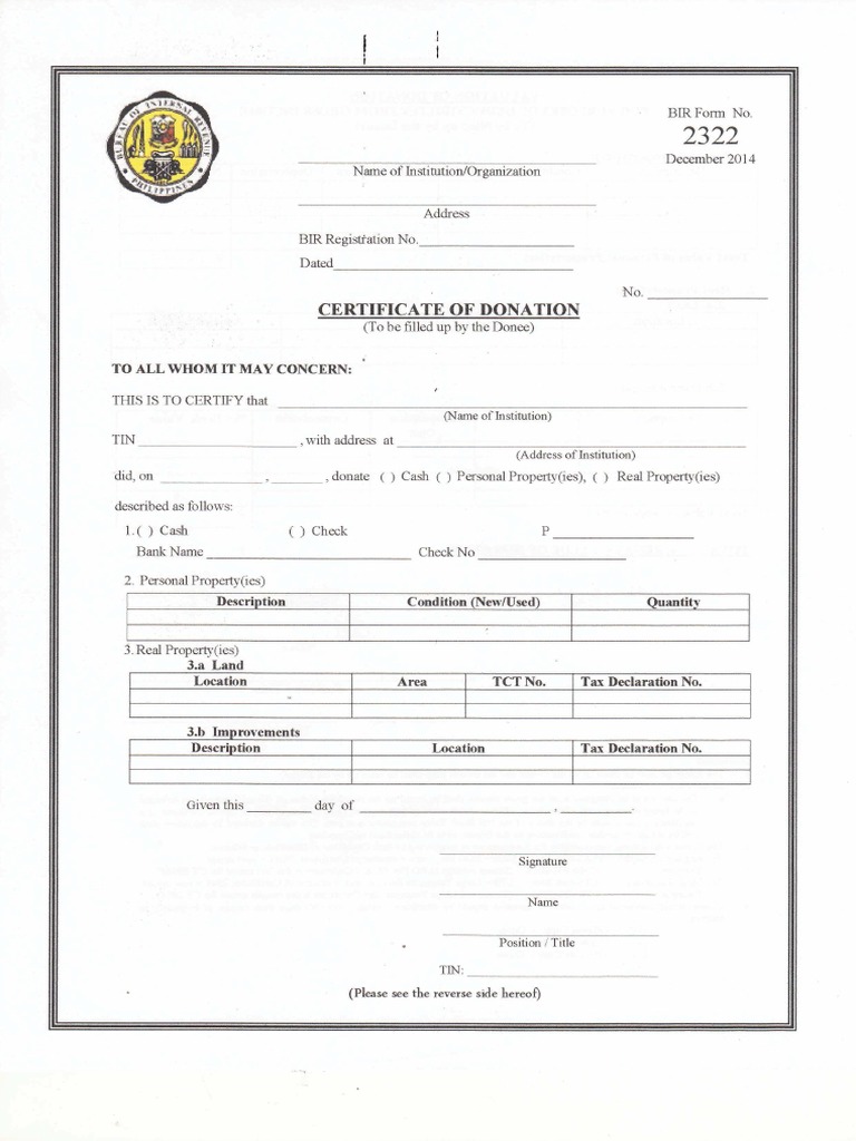 BIR Certificate of Donation BIR Form 2322 | PDF