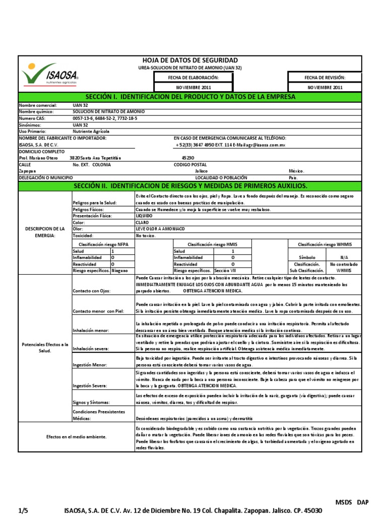 Ficha Técnica del Fertilizante UAN 32 | PDF | Amoníaco | Fertilizante