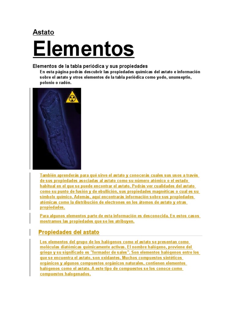 Propiedades y Usos del Astato (At) | PDF | Elementos químicos | Átomos