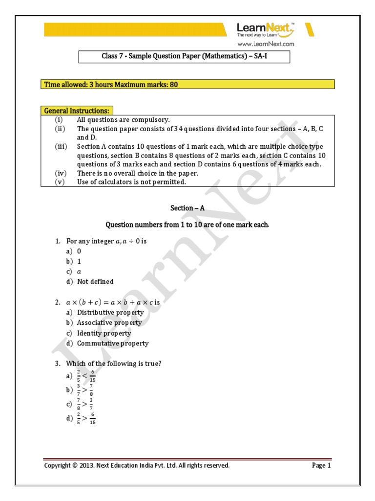 CBSE Class 7 Maths SA1 Sample Paper PDF | PDF | Triangle | Geometry