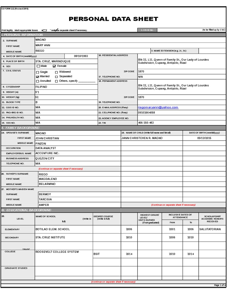 Personal Data Sheet: Widowed Separated Male Female | Government | Politics