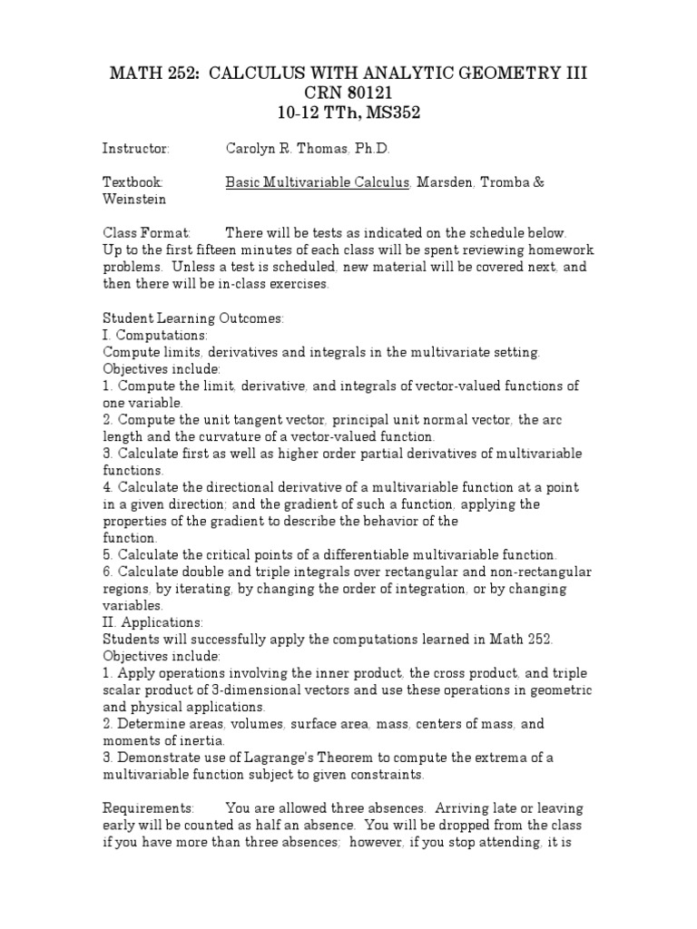 Math 252: Calculus With Analytic Geometry Iii CRN 80121 10-12 TTH ...