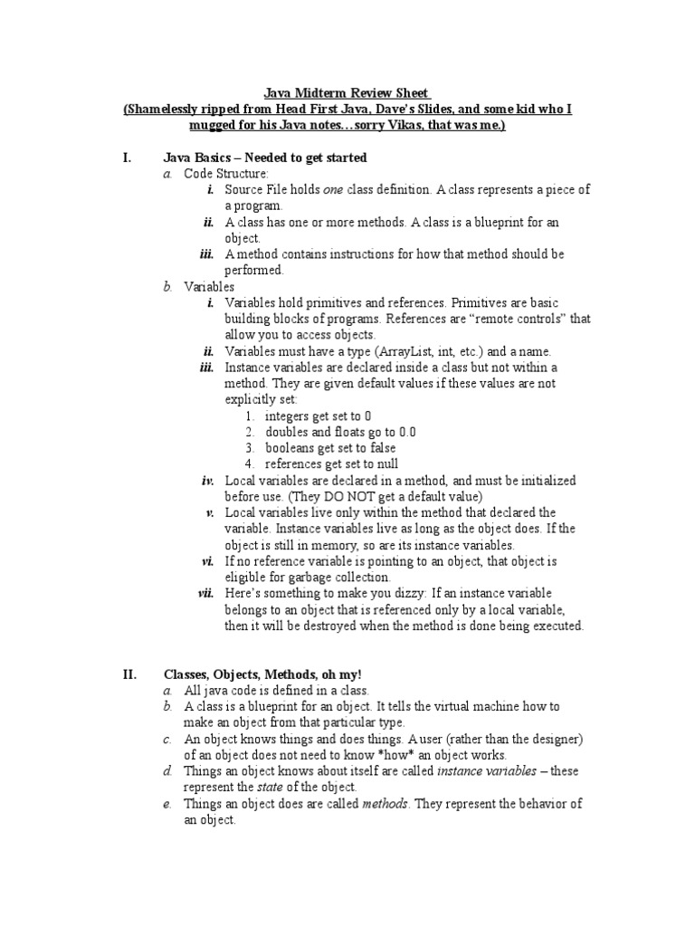Comprehensive Java Midterm Review: Covering Java Basics, Classes, Objects, Methods, Constructors ...