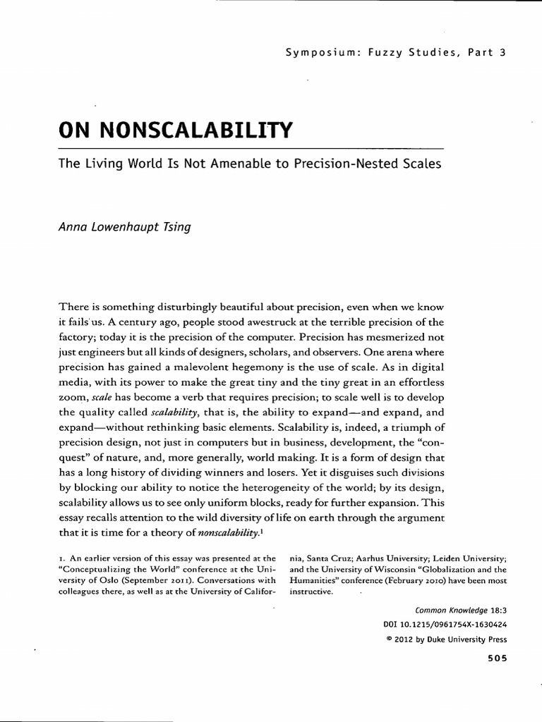 Anna Tsing, On Nonscalability The Living World Is Not Amenable To ...