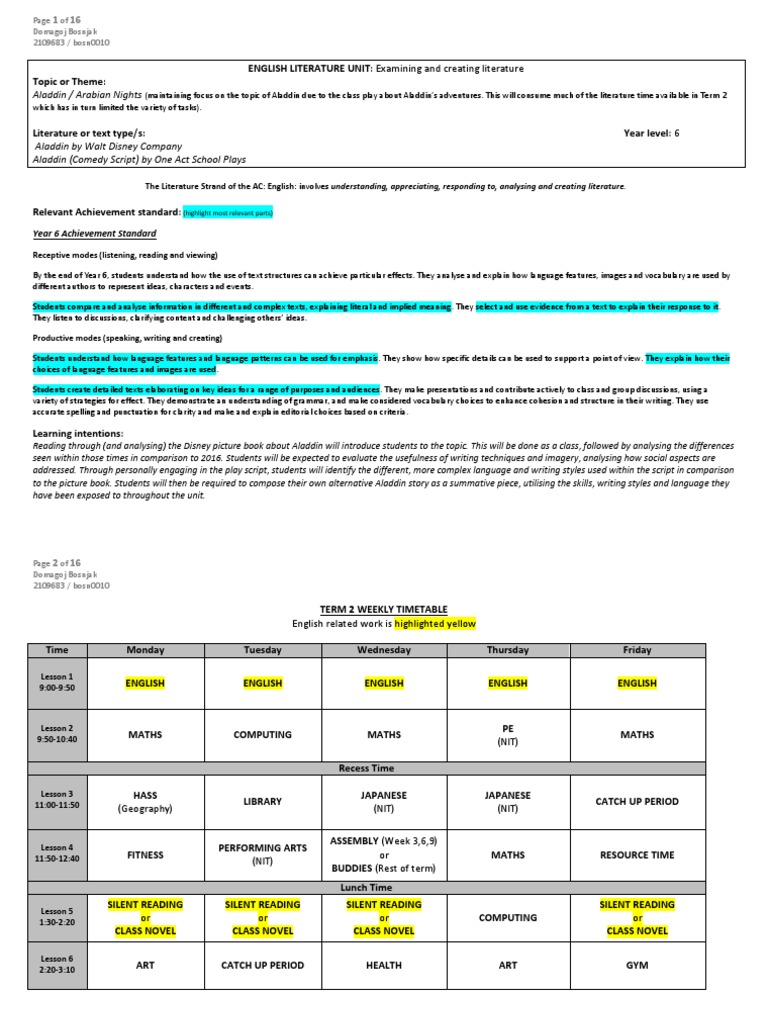 Unit Plan for English - Literature | Reading Comprehension | Narrative