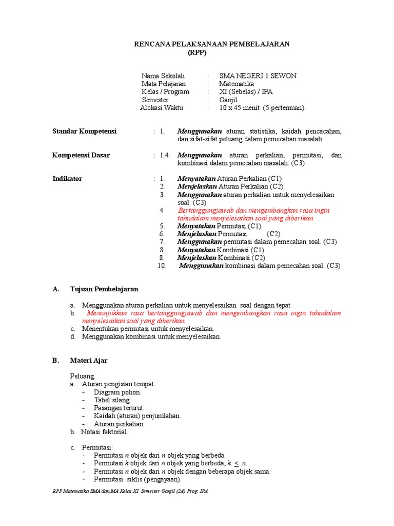 RPP Permutasi Kombinasi | PDF | Seni & Disiplin Bahasa | Metode & Bahan Ajar