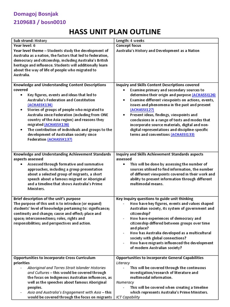 Unit Plan & Justification | Australia | Educational Assessment