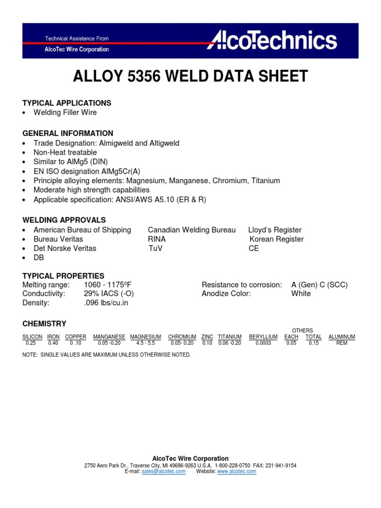 Alloy 5356 Weld Data Sheet: Typical Applications | Download Free PDF | Alloy | Welding