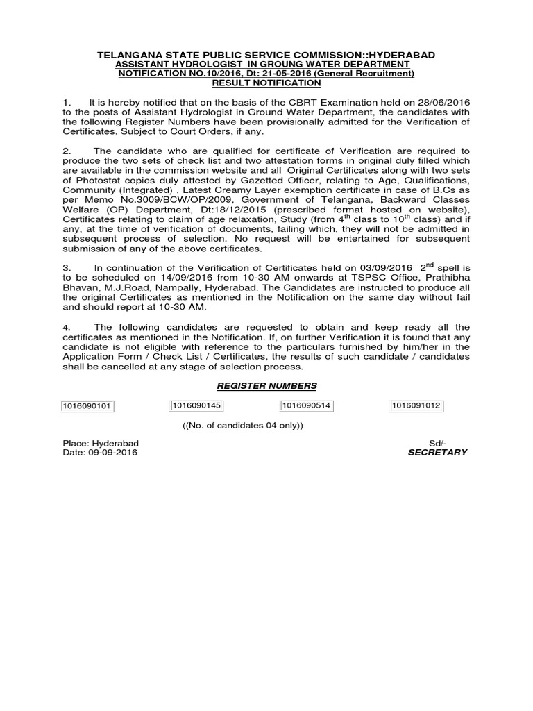 Telangana State Public Service Commission::Hyderabad | PDF